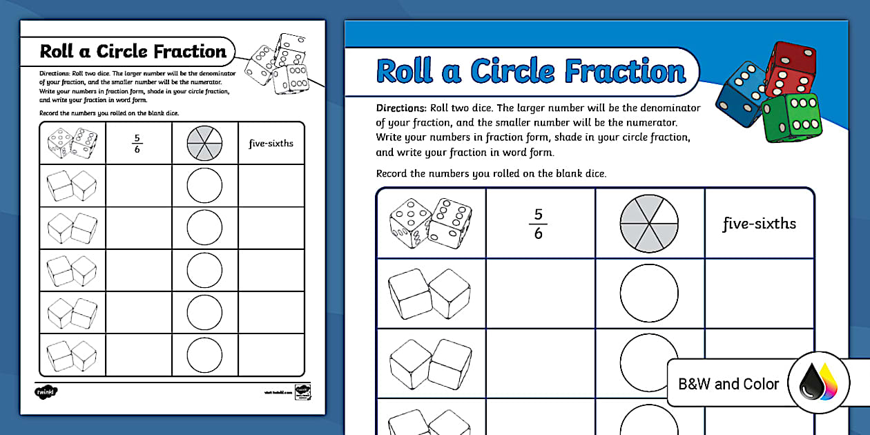Third Grade Roll a Circle Fraction Worksheet (Teacher-Made)
