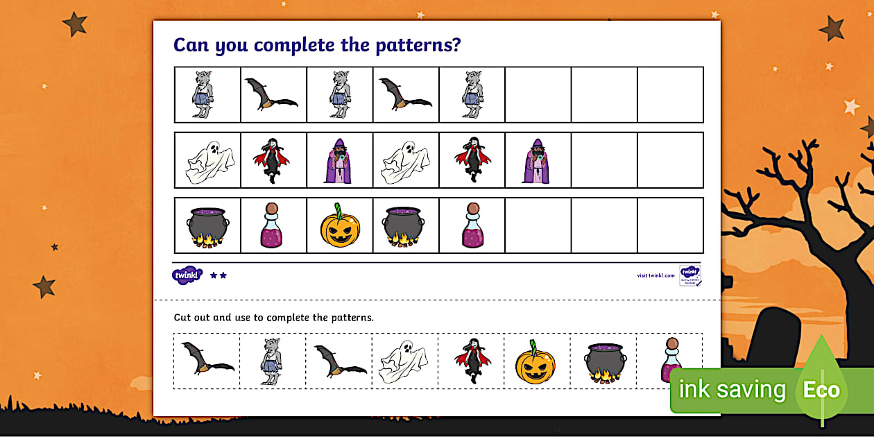 Black and White Halloween Complete the Pattern Worksheet