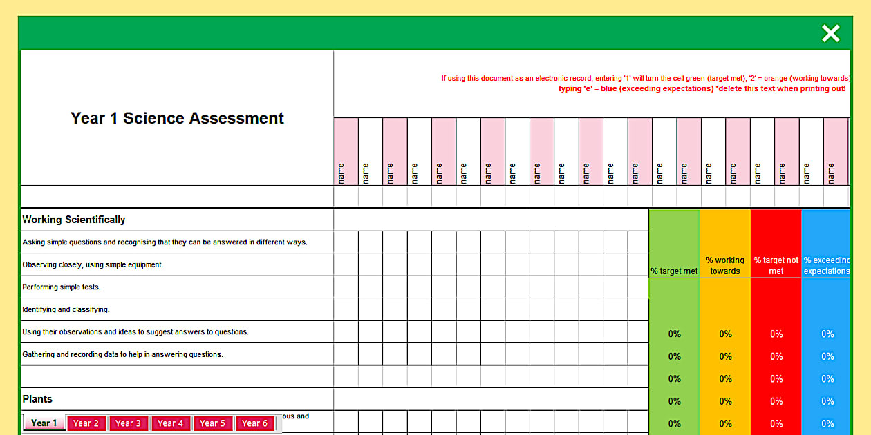 2014 Curriculum Years 1 to 6 Science Assessment Spreadsheet