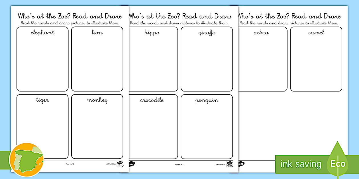 A1 Ficha de leer y dibujar: Animales del zoo en inglés