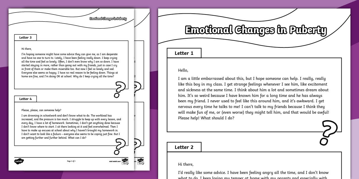 Emotional Changes in Puberty Problem Letters Worksheet 6-8 Gr