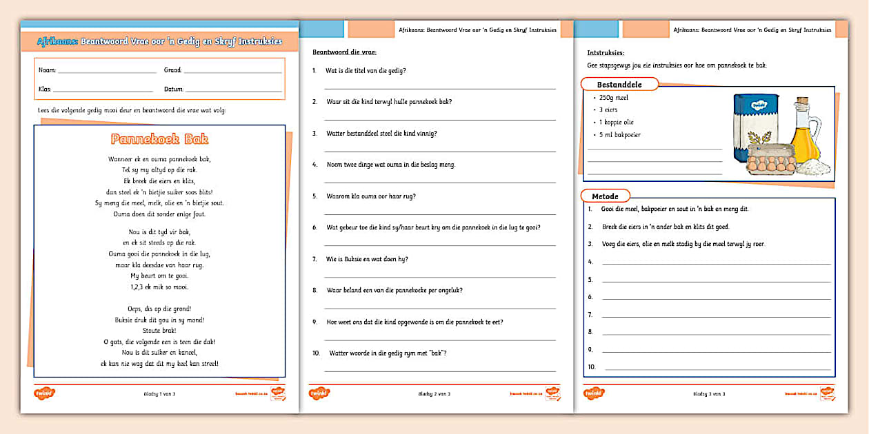 Afrikaans: Beantwoord Vrae oor 'n Gedig en Skryf Instruksies