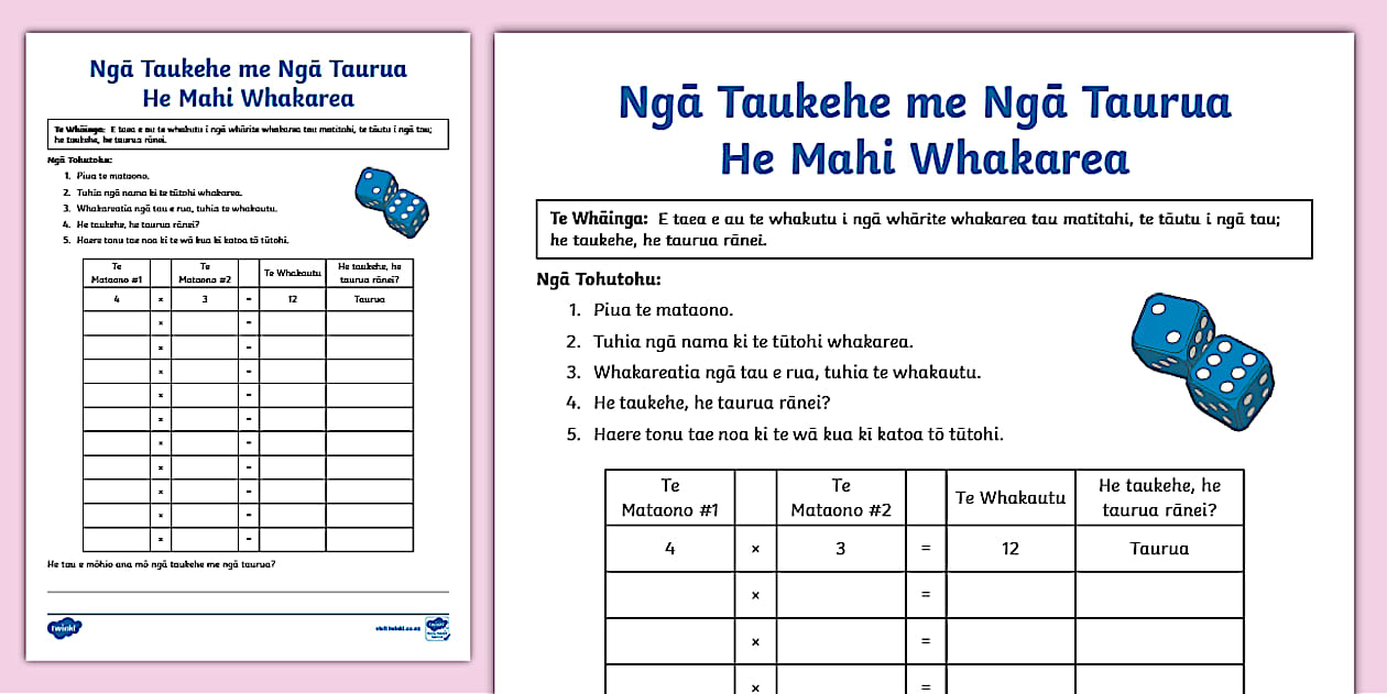 Ngā Taukehe me Ngā Taurua - He mahi whakarea. - Twinkl