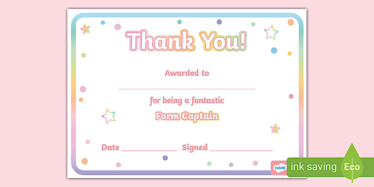 Form Captain Thank You Certificate - KS1 (teacher made)