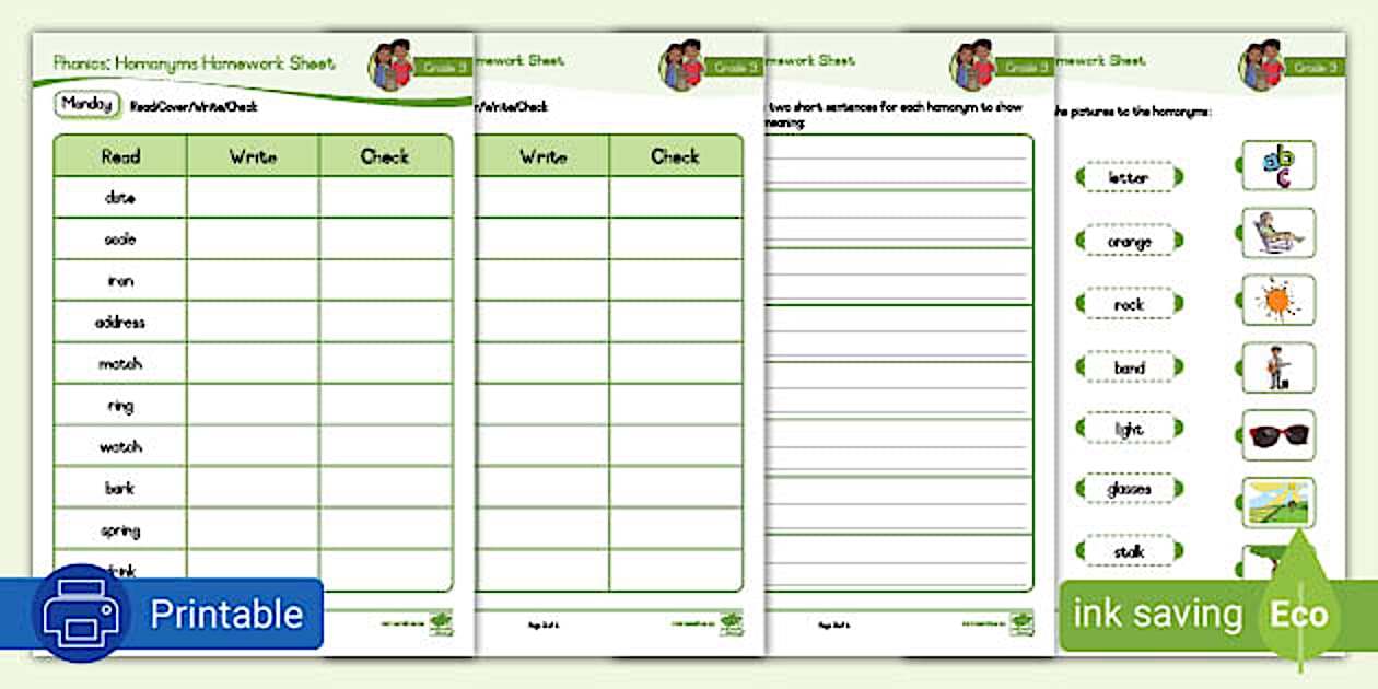 Grade 3 Phonics: Homonyms Homework Sheet (Teacher-Made)