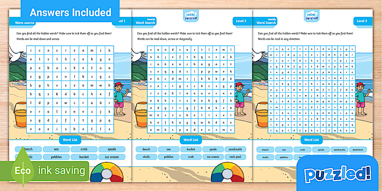 Fun Seaside Word Search Puzzle Pack - AL - Twinkl Puzzled