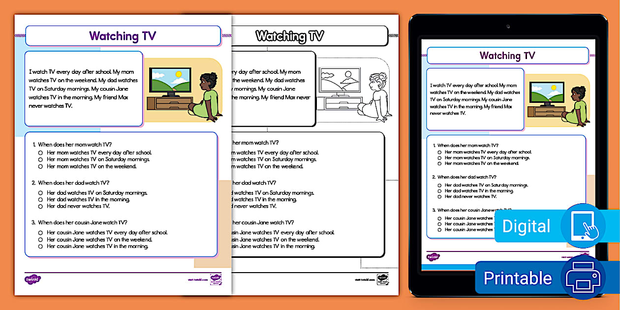 Reading Passage Comprehension Worksheet for ELL: Watching TV