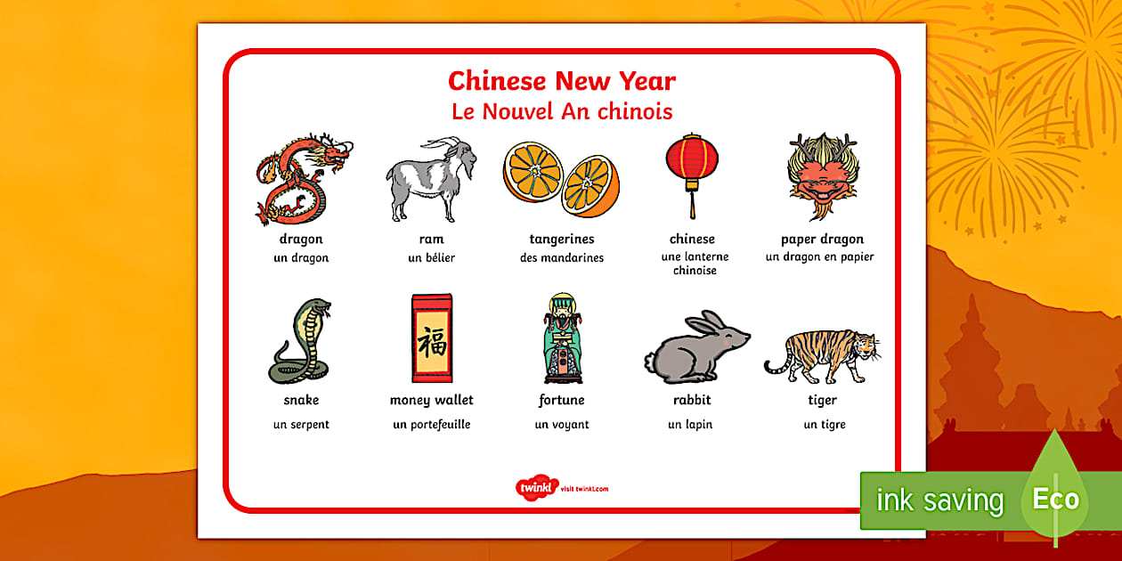 Black and White Chinese New Year Word Mat English/French