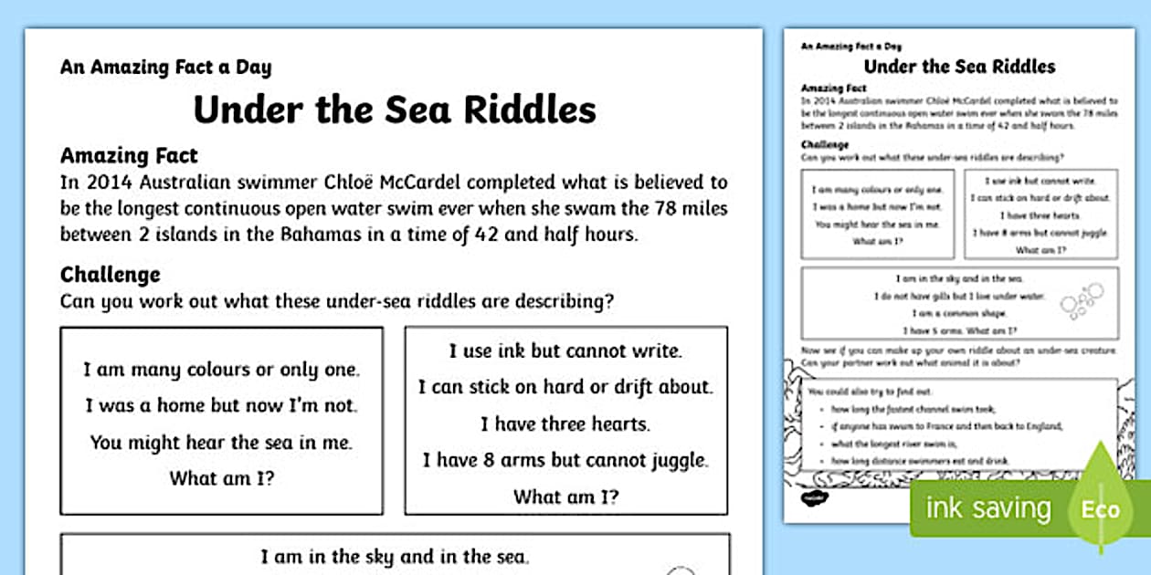 Under the Sea Riddles - Sea Creatures Activity - Twinkl
