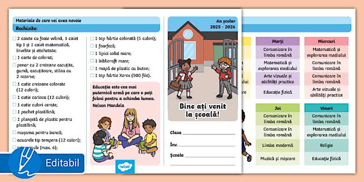 Clasa I: Pliant editabil pentru prima zi de școală – Model
