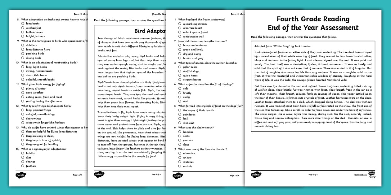 Fourth Grade End of the Year ELA Reading Assessment - Twinkl