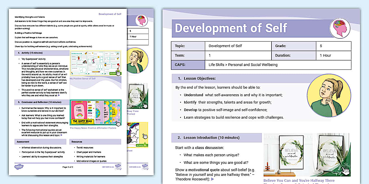 Grade 5 Life Skills Development of Self Lesson Plan - Twinkl