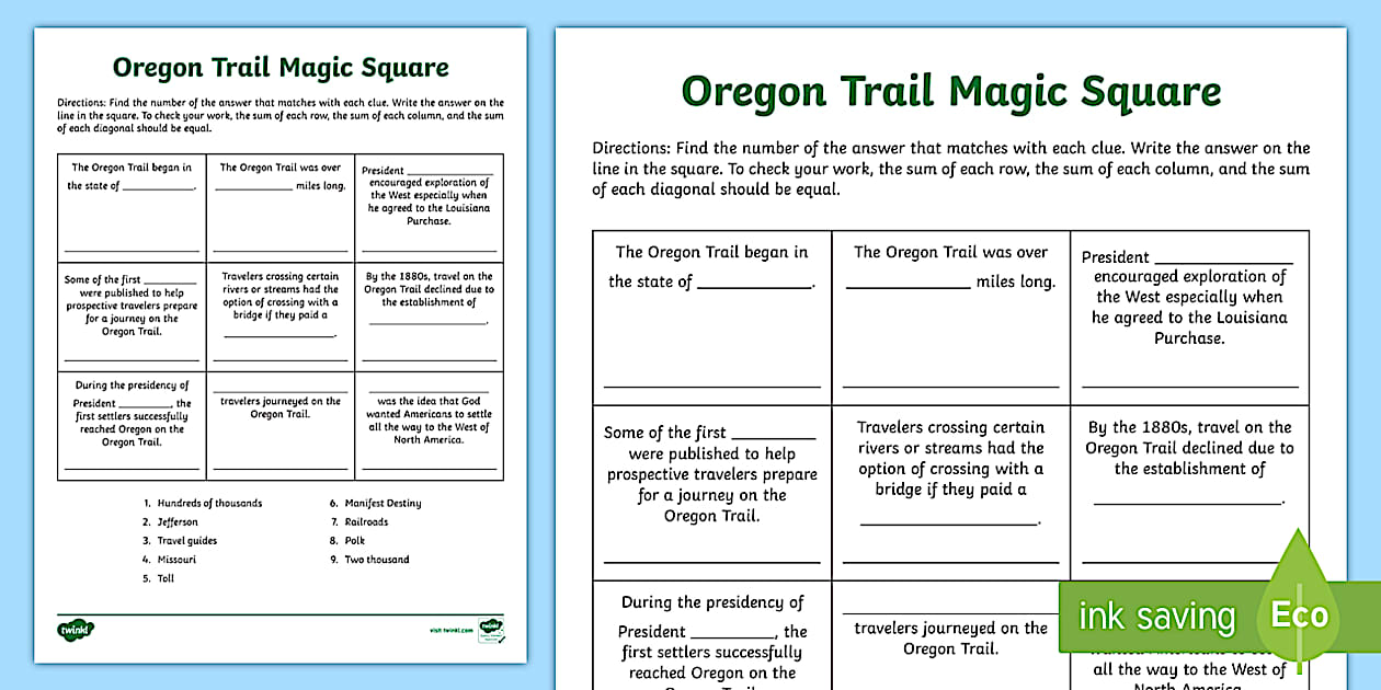 Oregon Trail Magic Square Worksheet for 3rd-5th Grade