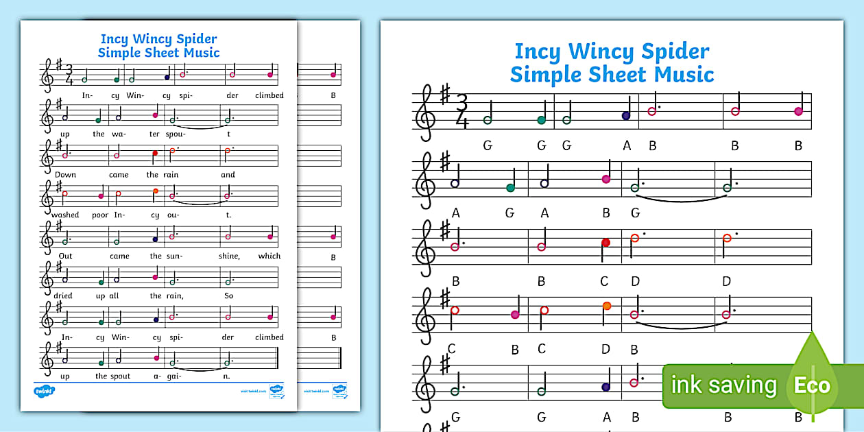 👉 Incy Wincy Spider Simple Sheet Music (teacher made)