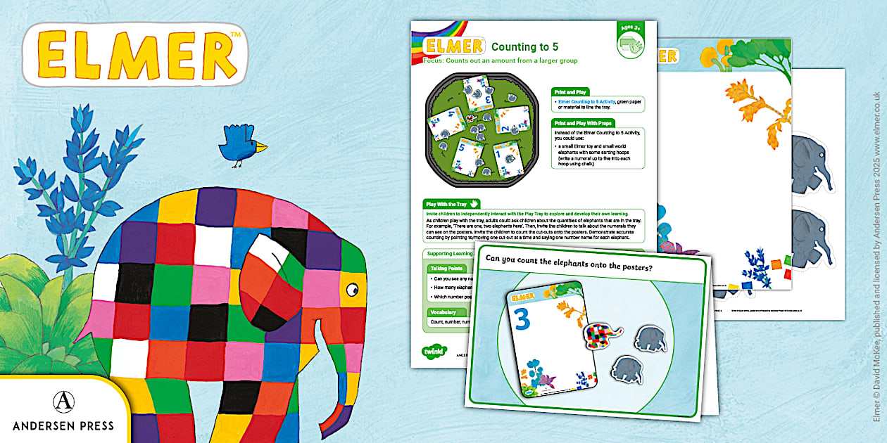 Elmer Counting to 5 Print and Play Tray (teacher made)