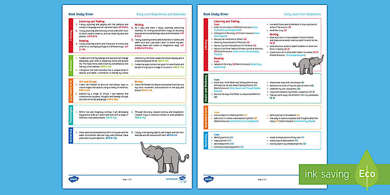 Elmer CfE Early Level Cross-curricular Book Study - Twinkl