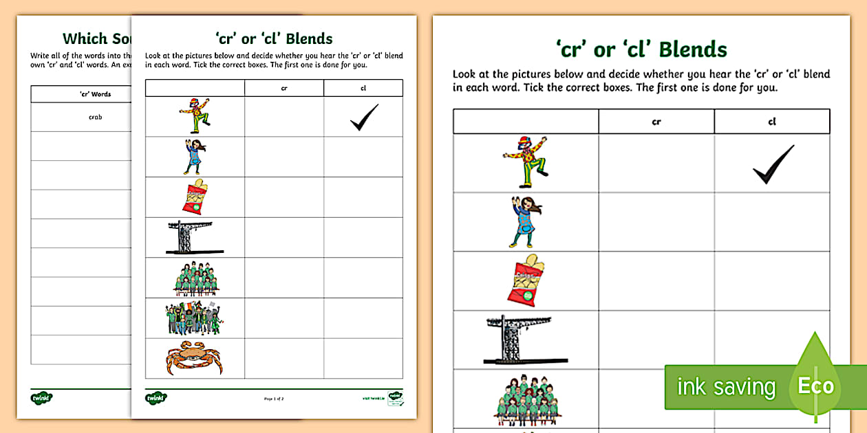 Which Sound? 'cr' and 'cl' Worksheet (Teacher-Made) - Twinkl