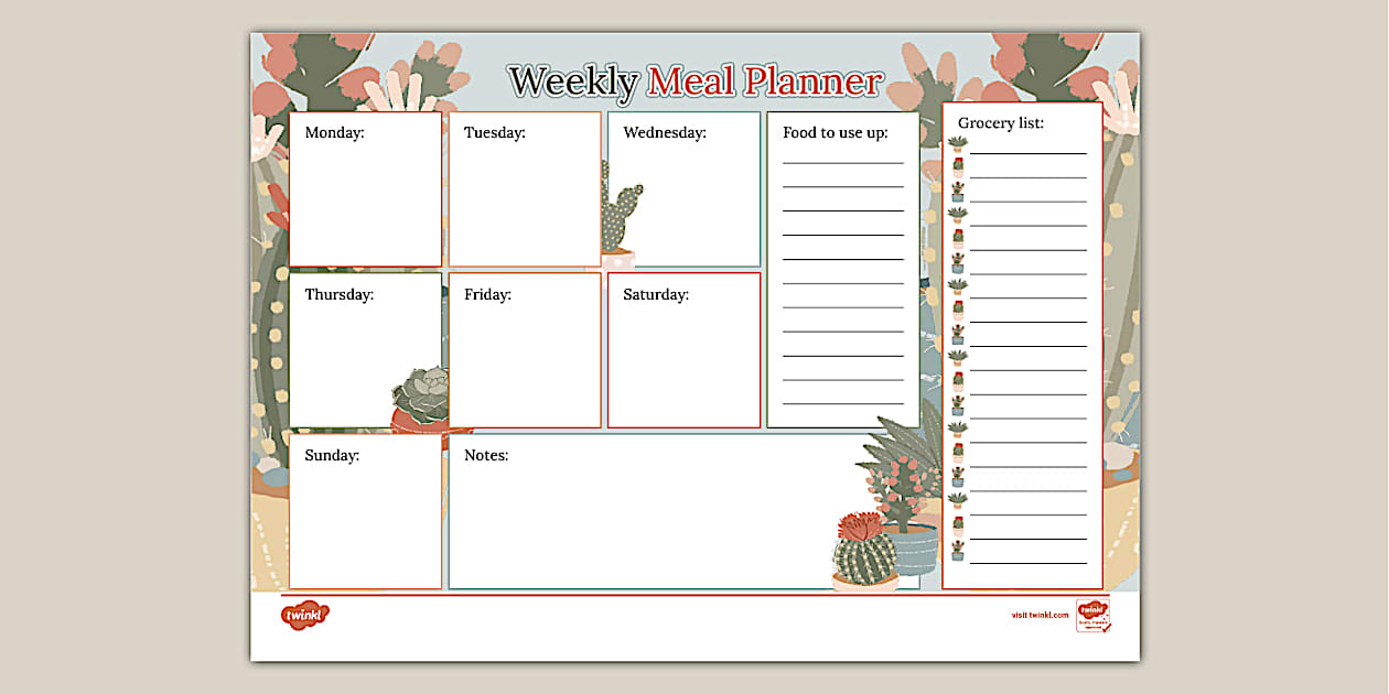 Succulents-Themed Weekly Meal Planner (Teacher-Made)
