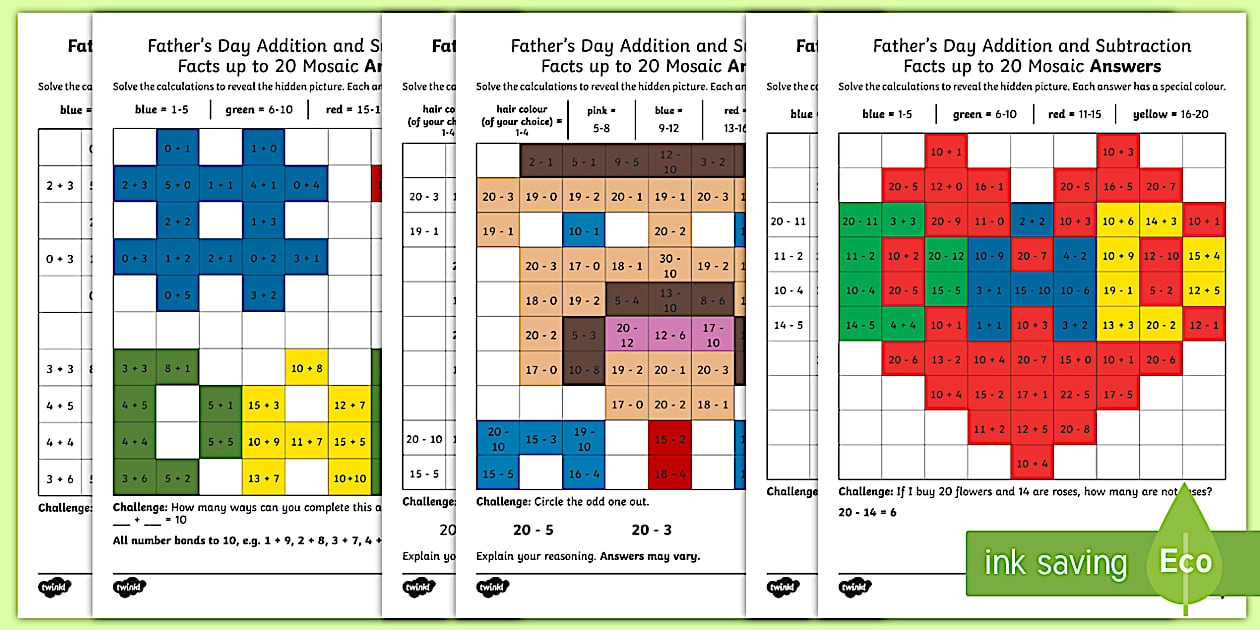 KS1 Father's Day Addition and Subtraction Facts up to 20 Maths Mosaic