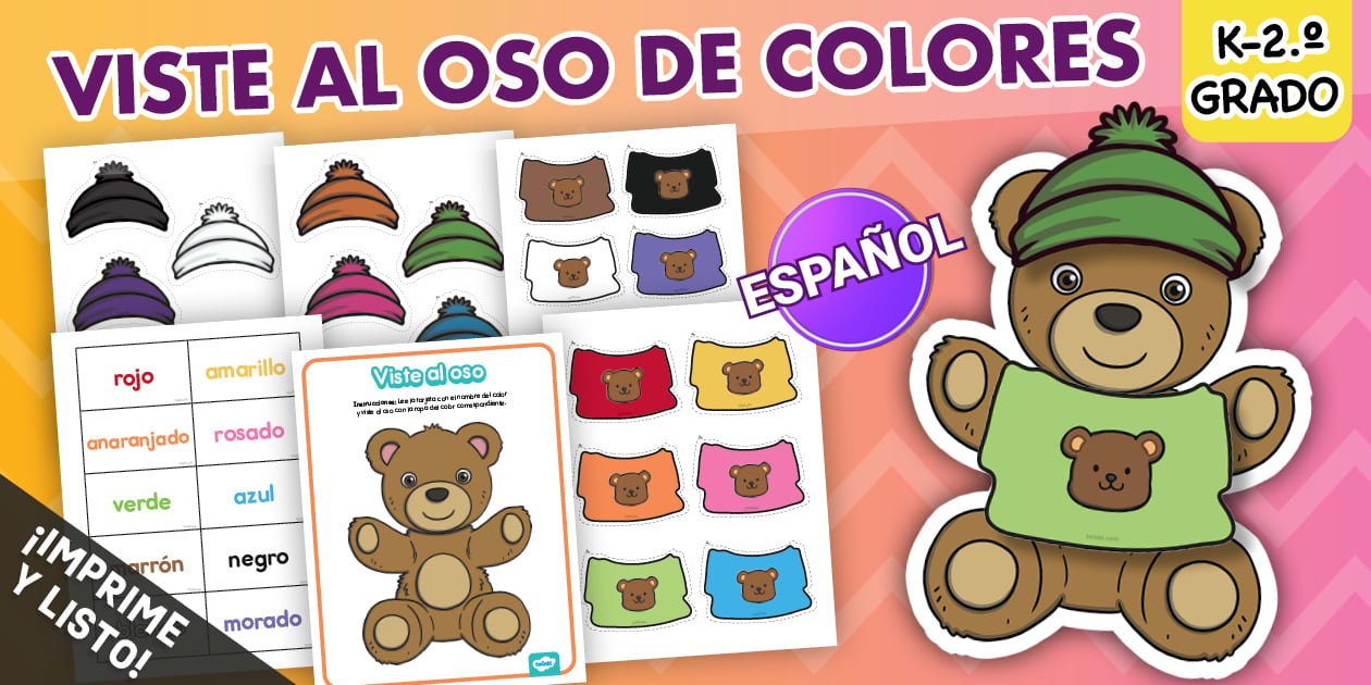 Actividad para kinder a segundo grado: Viste al oso de colores