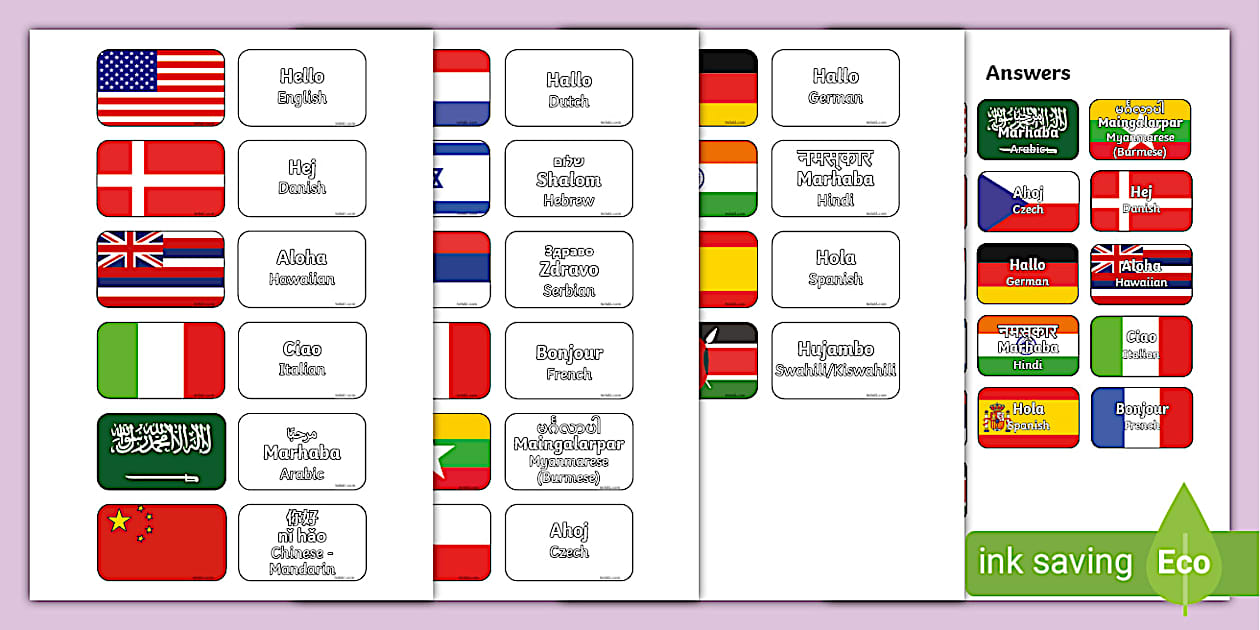 Hello in Many Languages Matching Cards (teacher made)