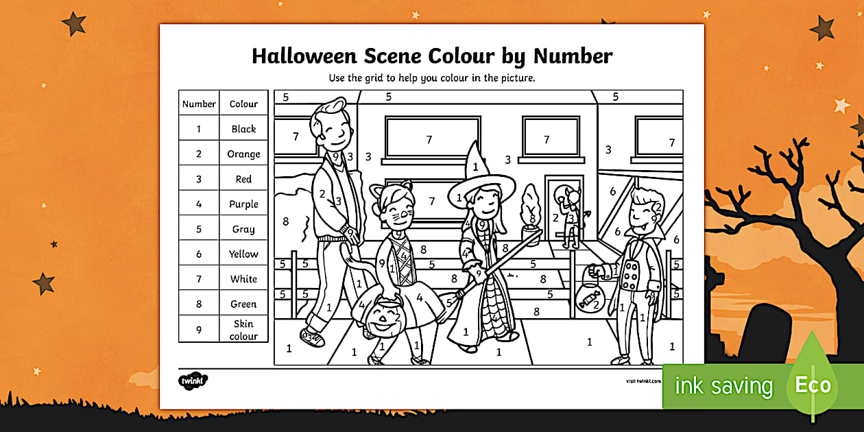Halloween Scene Colour By Number Activity - Twinkl