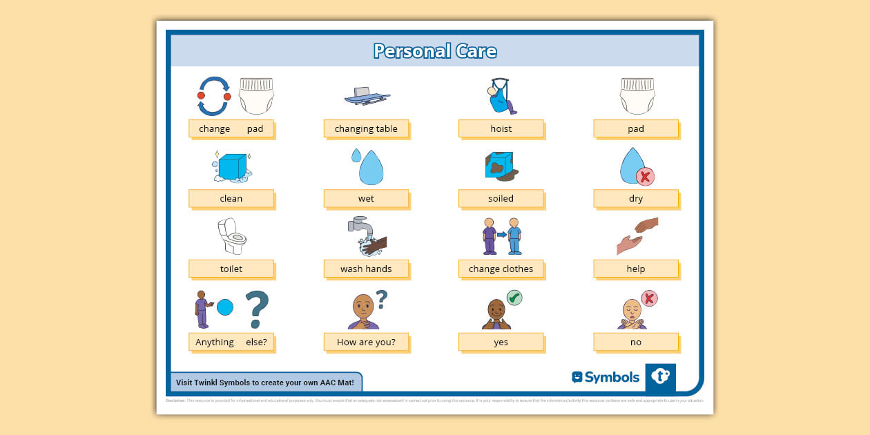 Twinkl Symbols: Older Learners: Personal Care AAC Mat