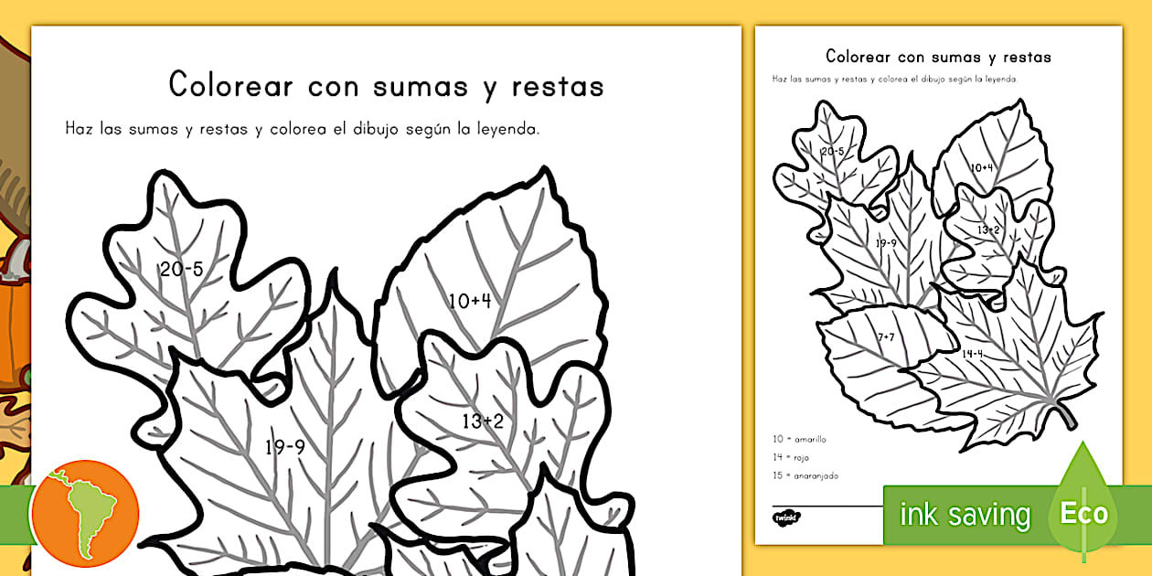 Colorear con sumas y restas: Otoño (Hecho por educadores)