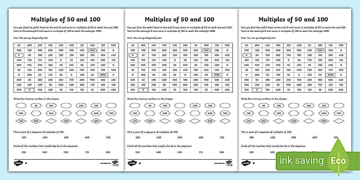 👉 Maths Multiples of 50 and 100 Differentiated Worksheet - KS2