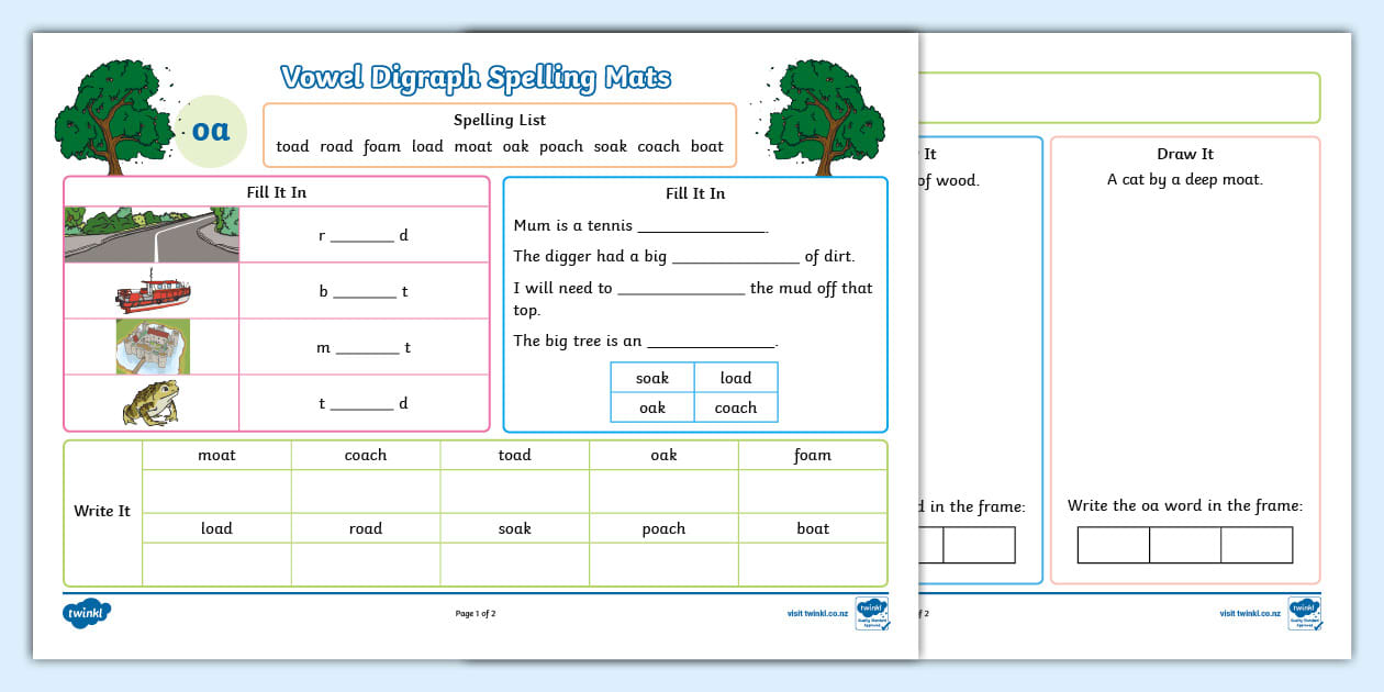 Vowel Digraph Spelling Mats - oa - Twinkl