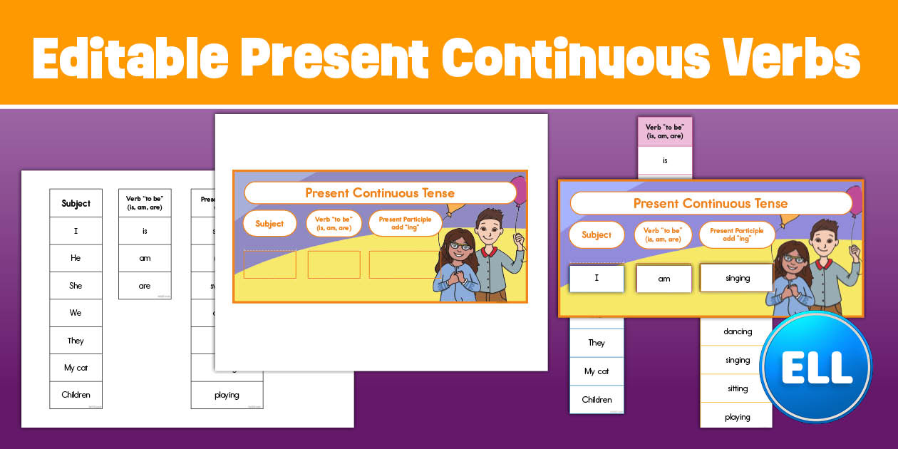 Editable Present Continuous Verb Tense Sentence Sliders ELL