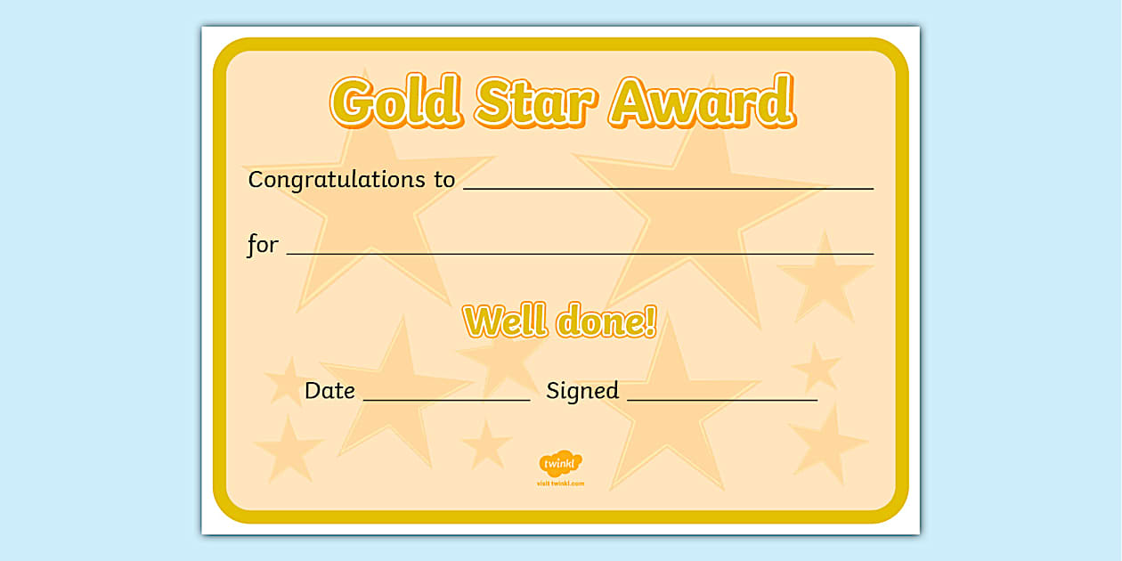Gold Star Award Reward Certificate