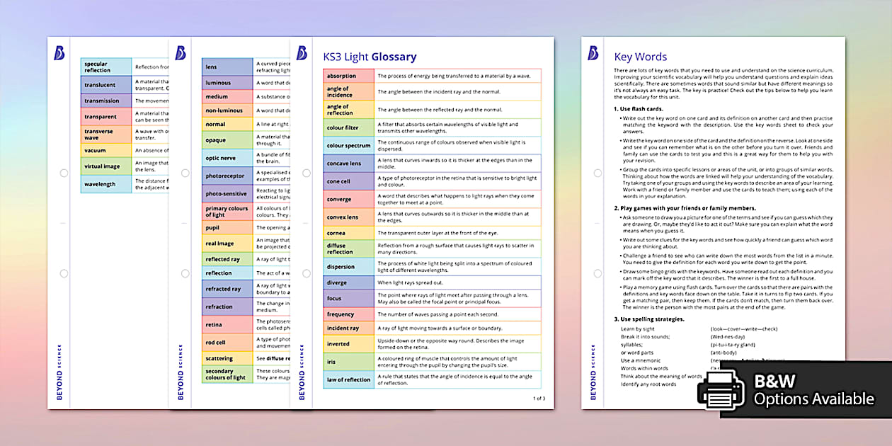 Light Glossary | KS3 Science | Beyond Secondary - Twinkl