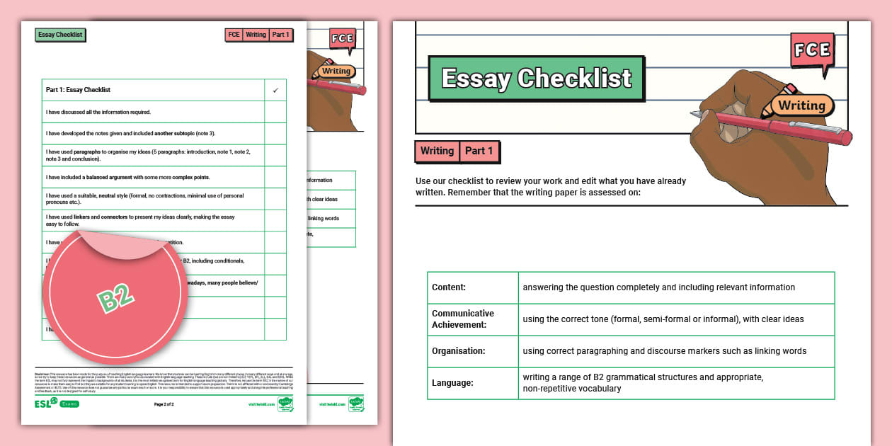 B2 First (FCE) - Writing Part 1 - Checklist (Essay) - Twinkl