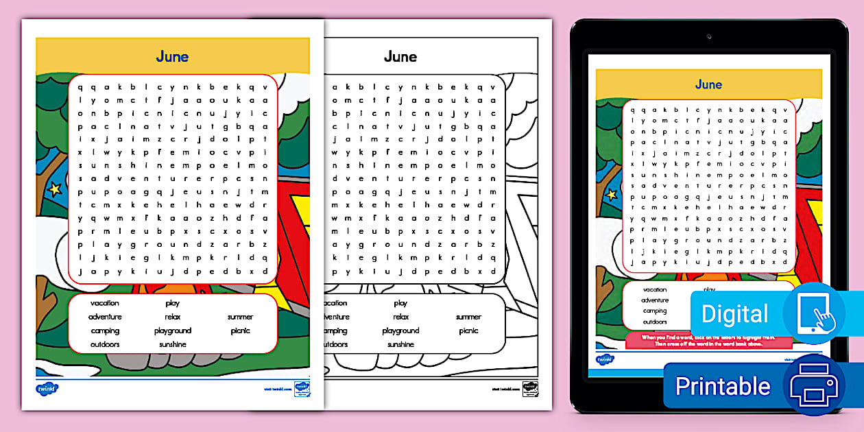 June Word Search for K-2nd Grade