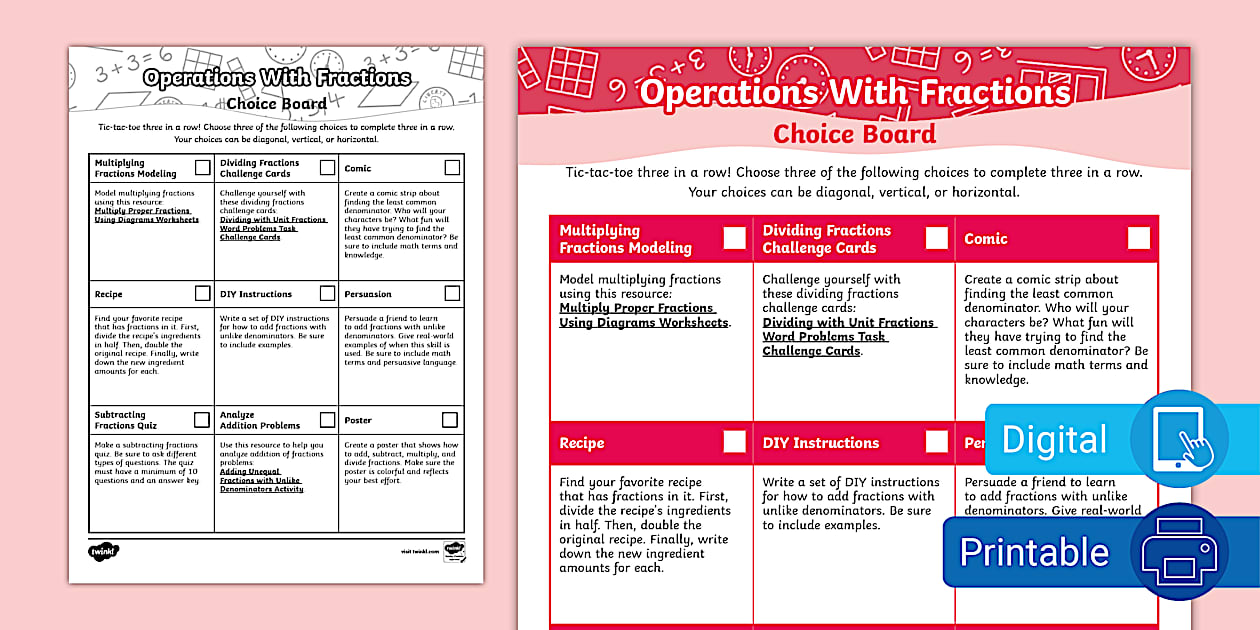 Operations With Fractions Math Choice Board (teacher made)