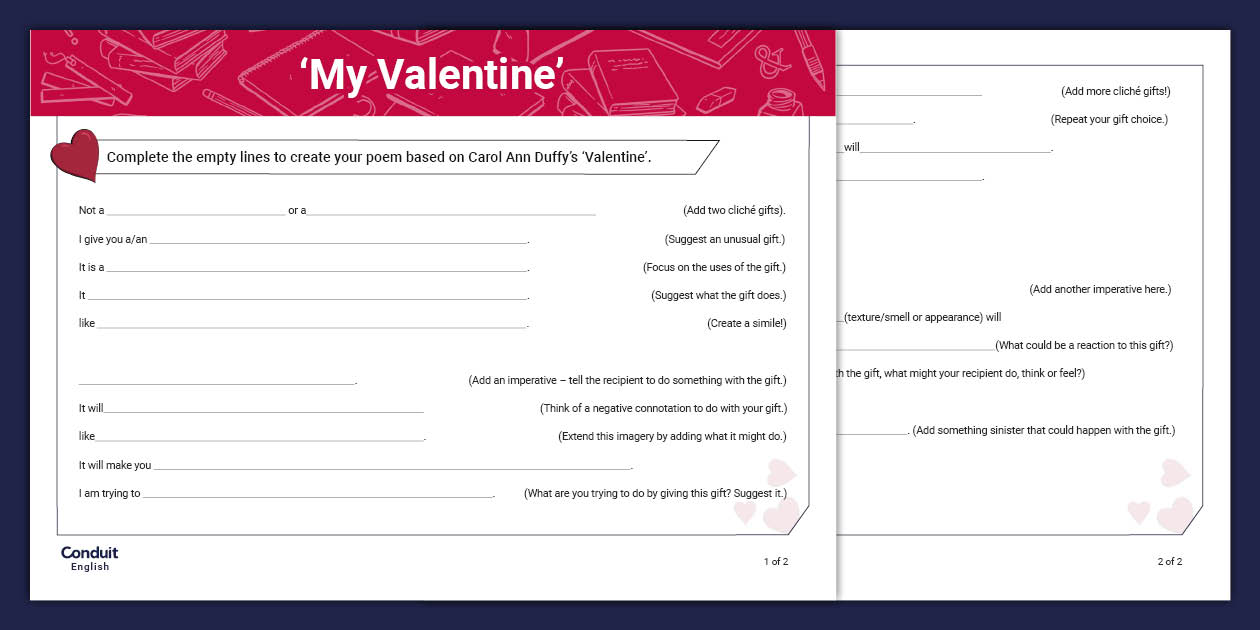 'My Valentine' Carol Ann Duffy Gap Fill (teacher made)