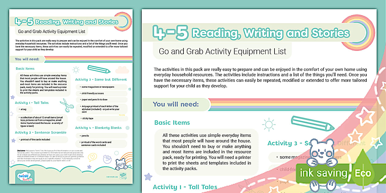 4-5 Years Months Reading, Writing and Stories Equipment List