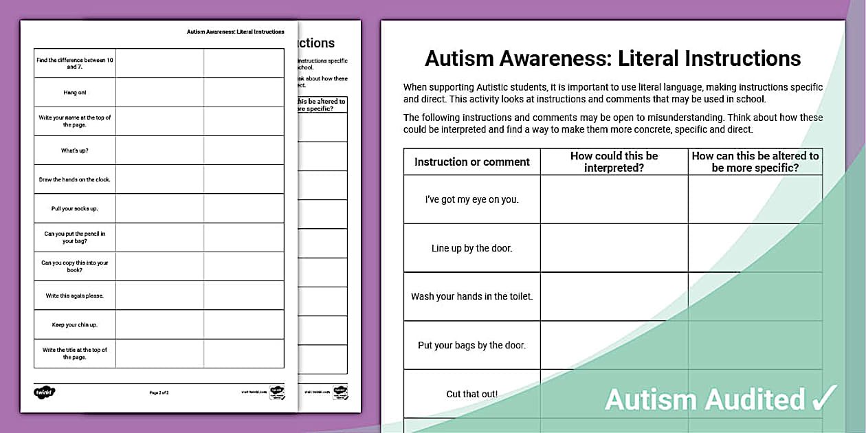 Autism Awareness Literal Instructions Teacher Activity