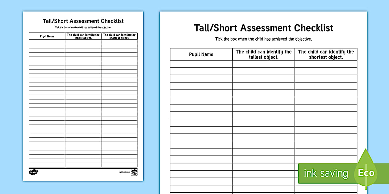 Tall and Short Assessment Checklist - Twinkl
