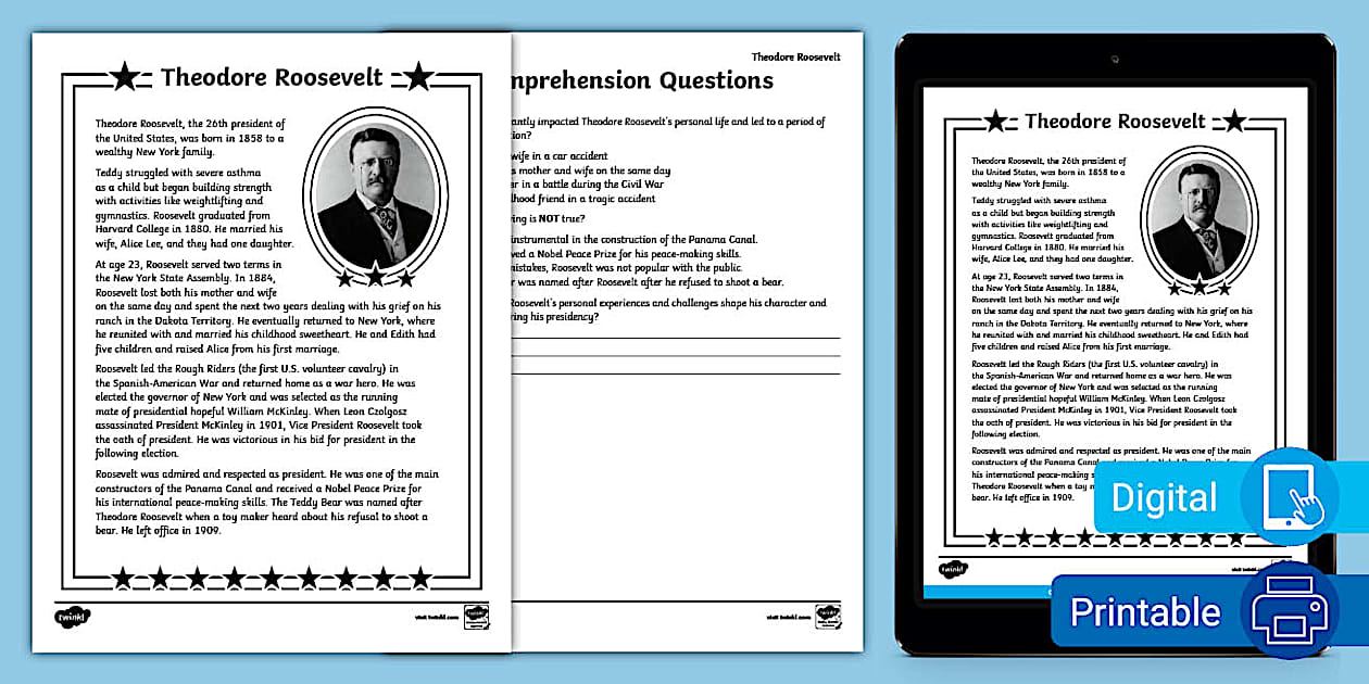 Eighth Grade Theodore Roosevelt Reading Comprehension Worksheet