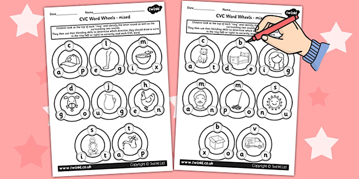 CVC Word Wheel Worksheets mixed (teacher made) - Twinkl