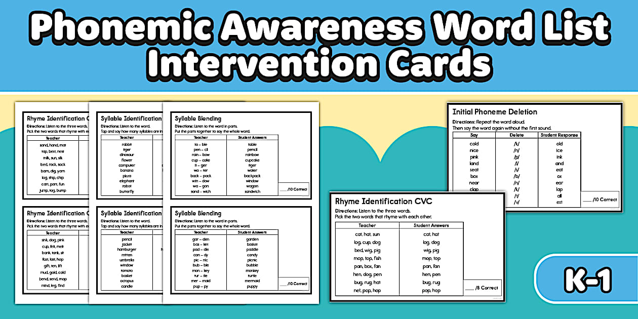 Phonemic Awareness Word List Intervention Cards