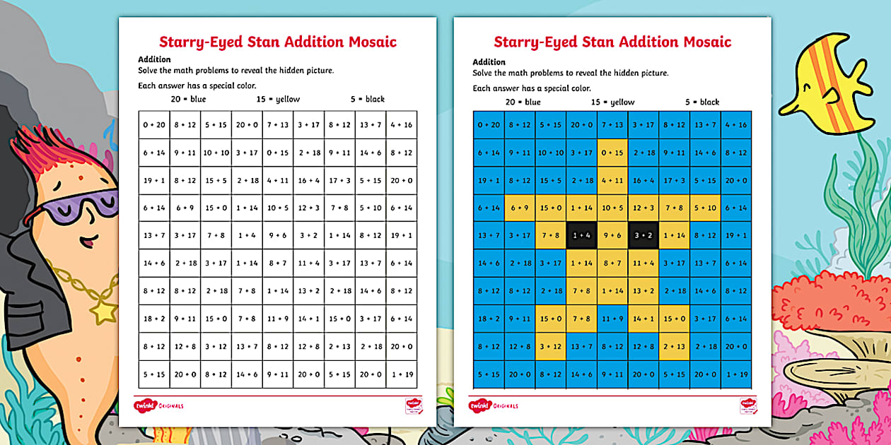 Starry-Eyed Stan Math Mosaic Addition Worksheet | Twinkl USA