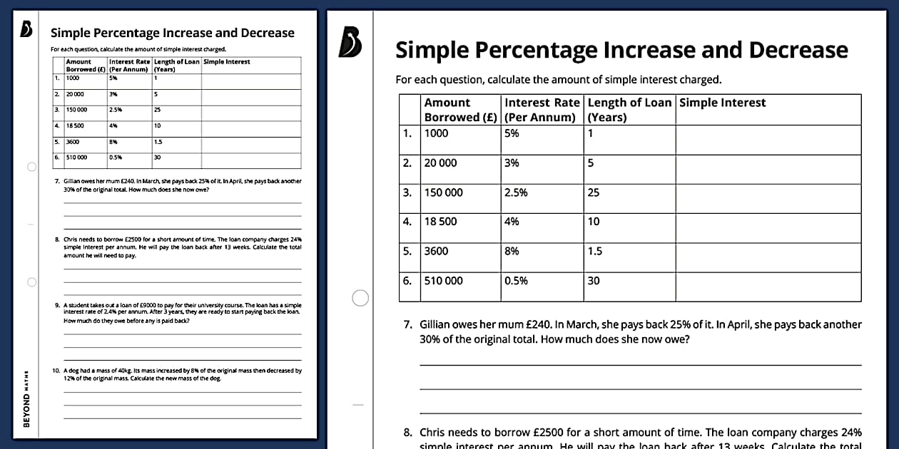 👉 Simple Percentage Increase and Decrease Worksheet
