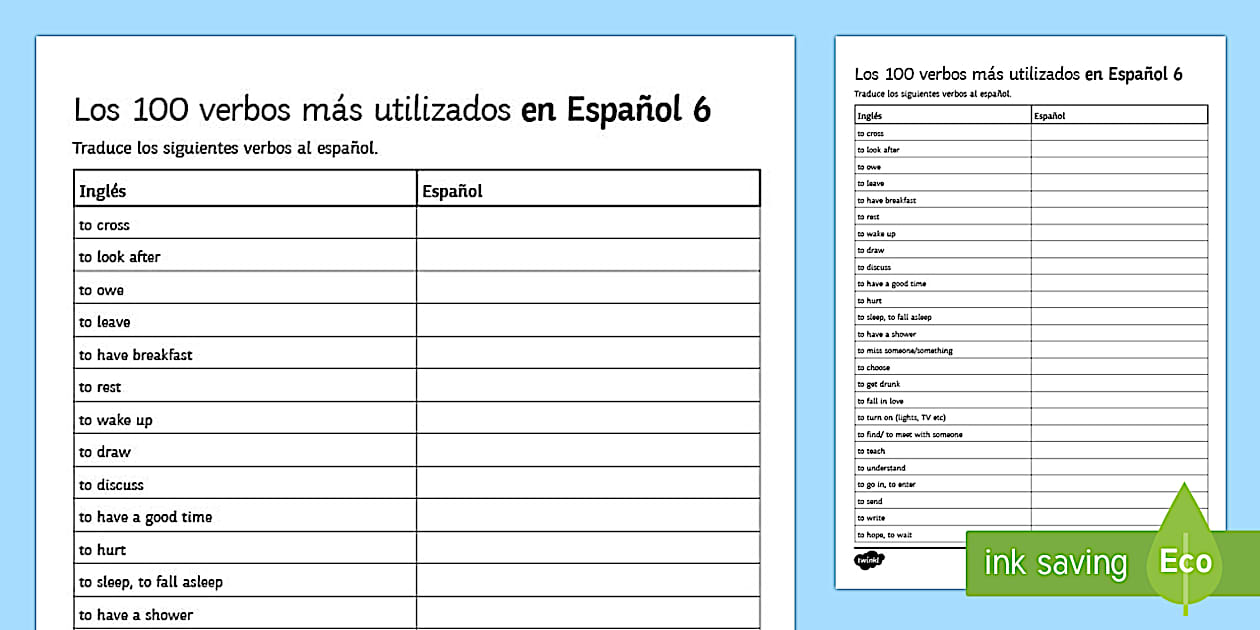 100 High Frequency Verbs 6 Worksheet / Worksheet Spanish