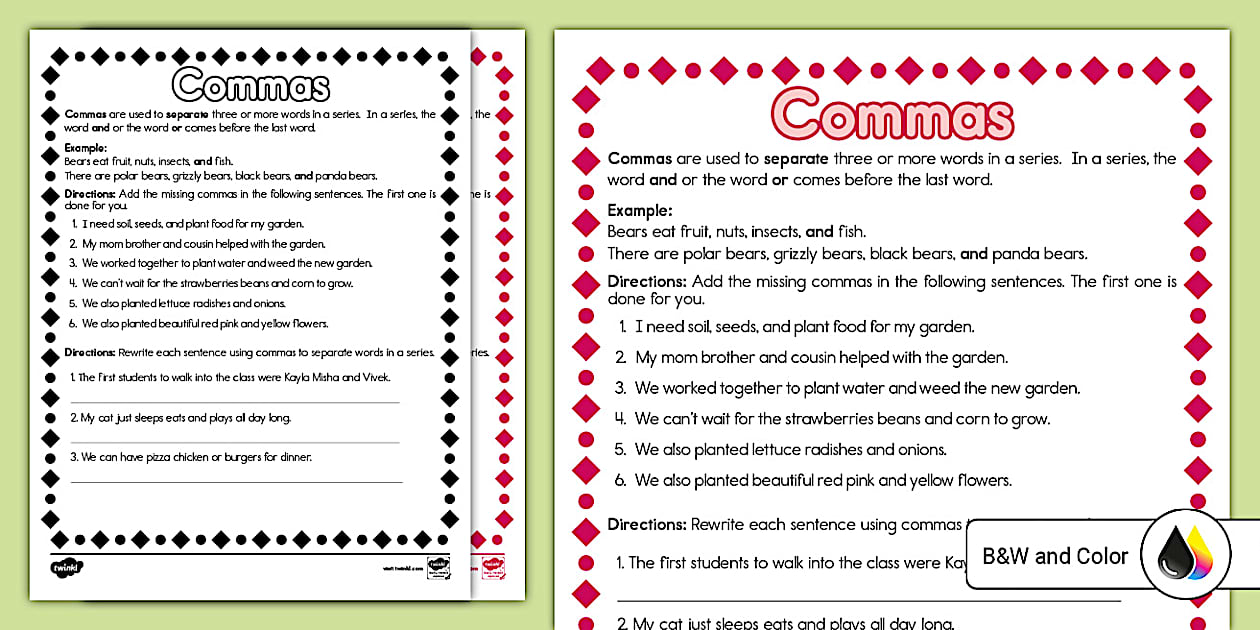 Second Grade Commas Worksheet (teacher made) - Twinkl