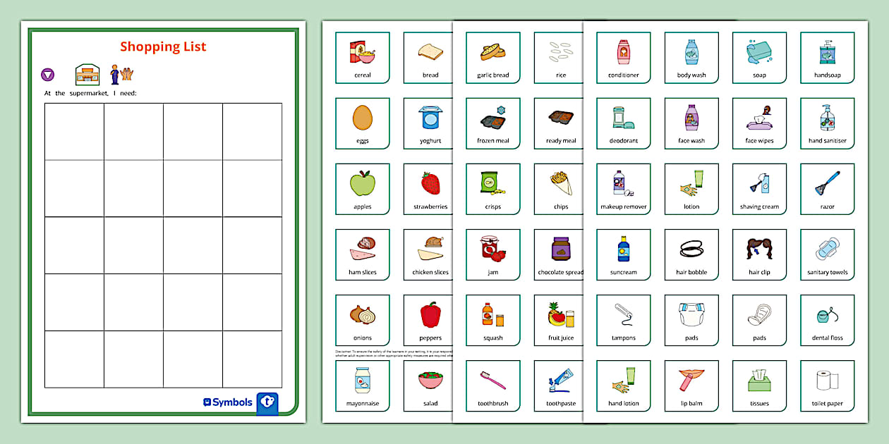Twinkl Symbols: Older Learners: Shopping List (teacher made)