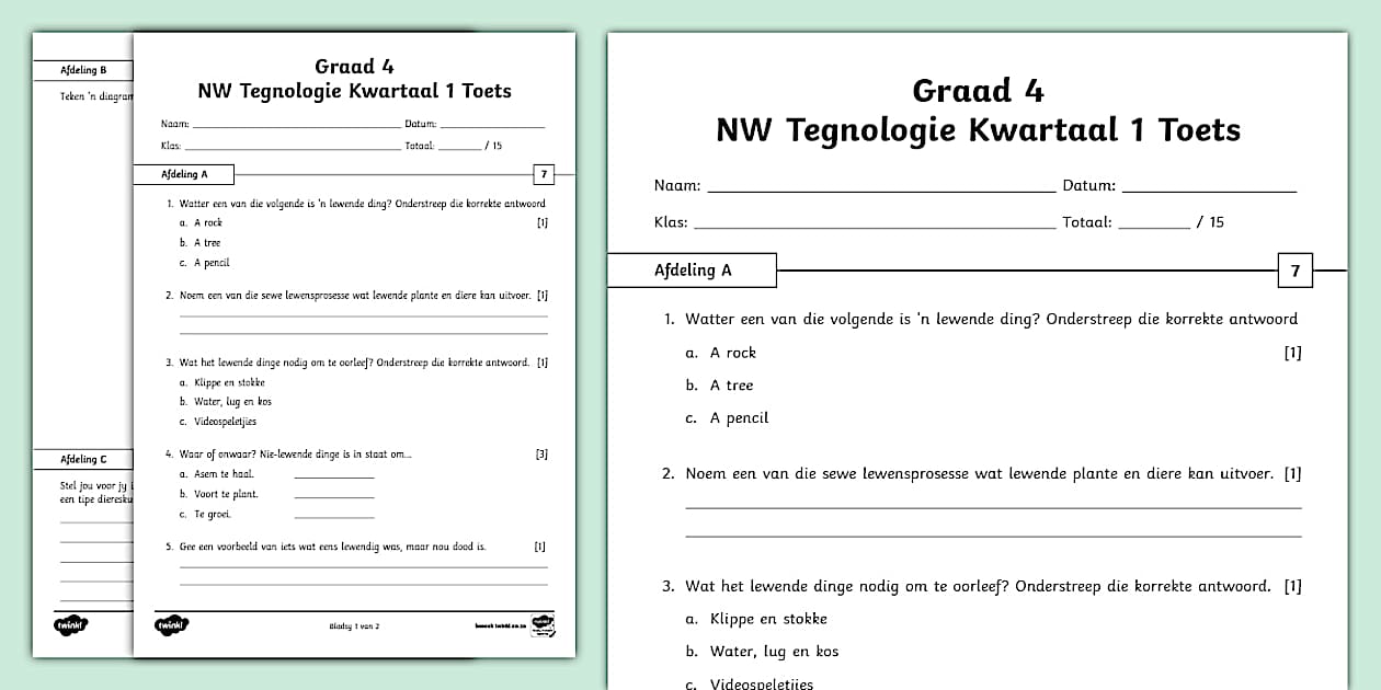 Graad 4 NW Tegnologie Kwartaal 1 Toets - Twinkl