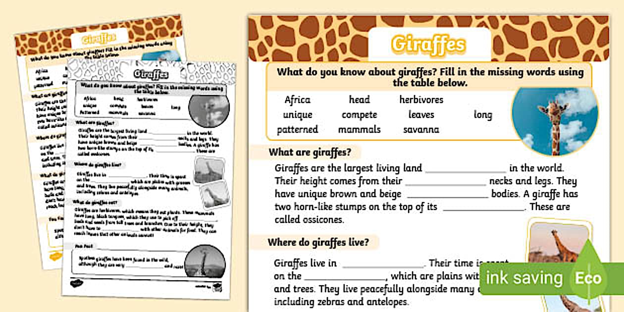 Giraffes Cloze Worksheet (teacher made) - Twinkl